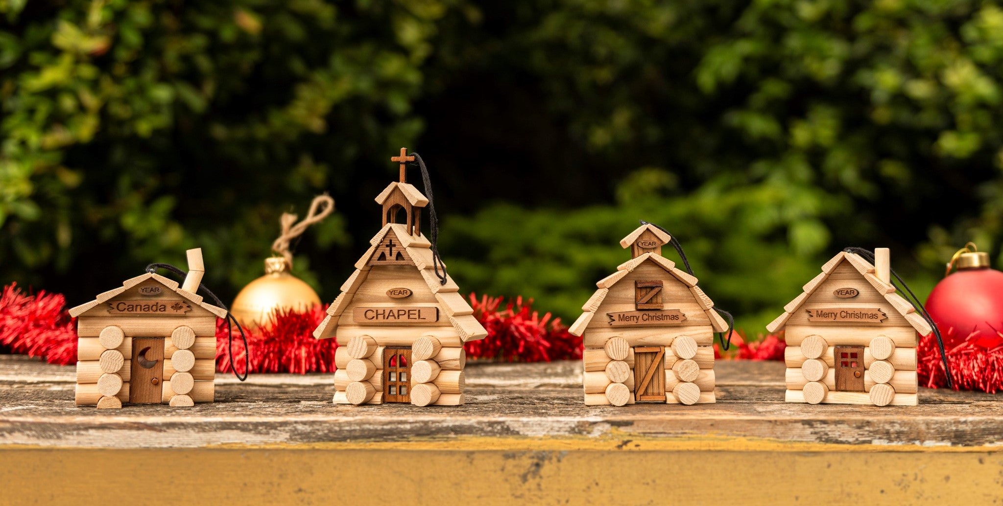 Log Cabin Christmas Tree Ornaments Santa Night Snow And Snowman Cabin